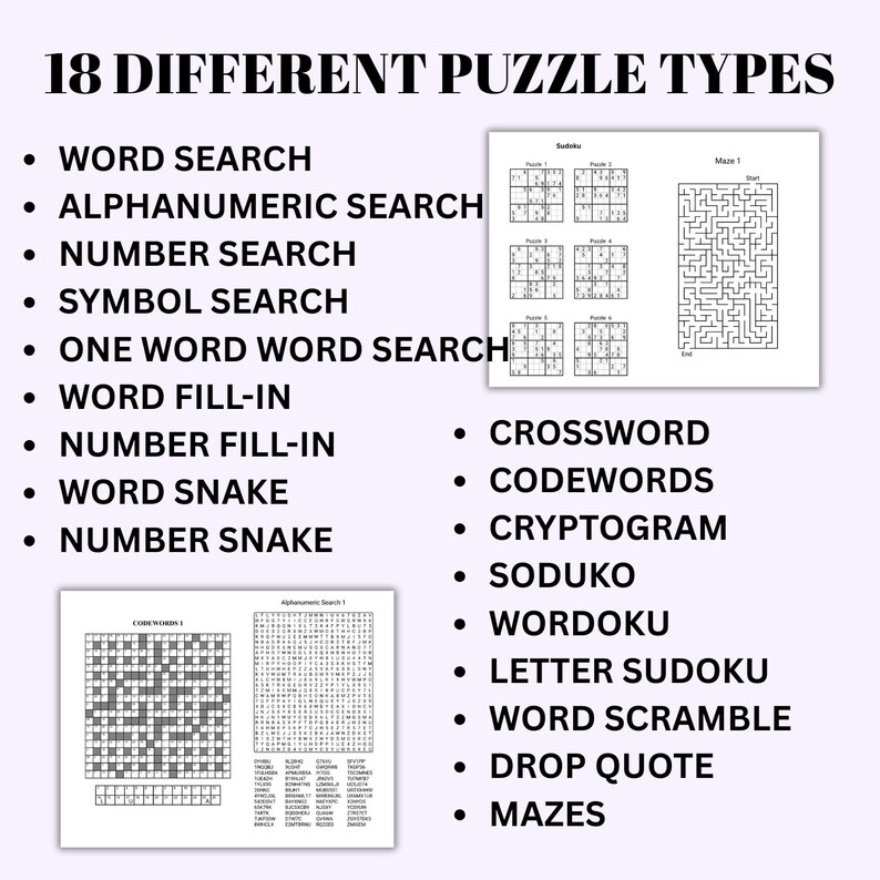 100 Puzzle Variety Pack Printable • Word Search • Sudoku • Crossword ...