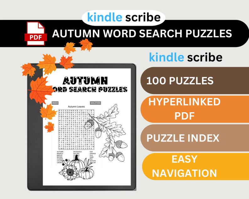 Autumn Themed Word Search Puzzle Book for Kindle Scribe, Fall Themed ...