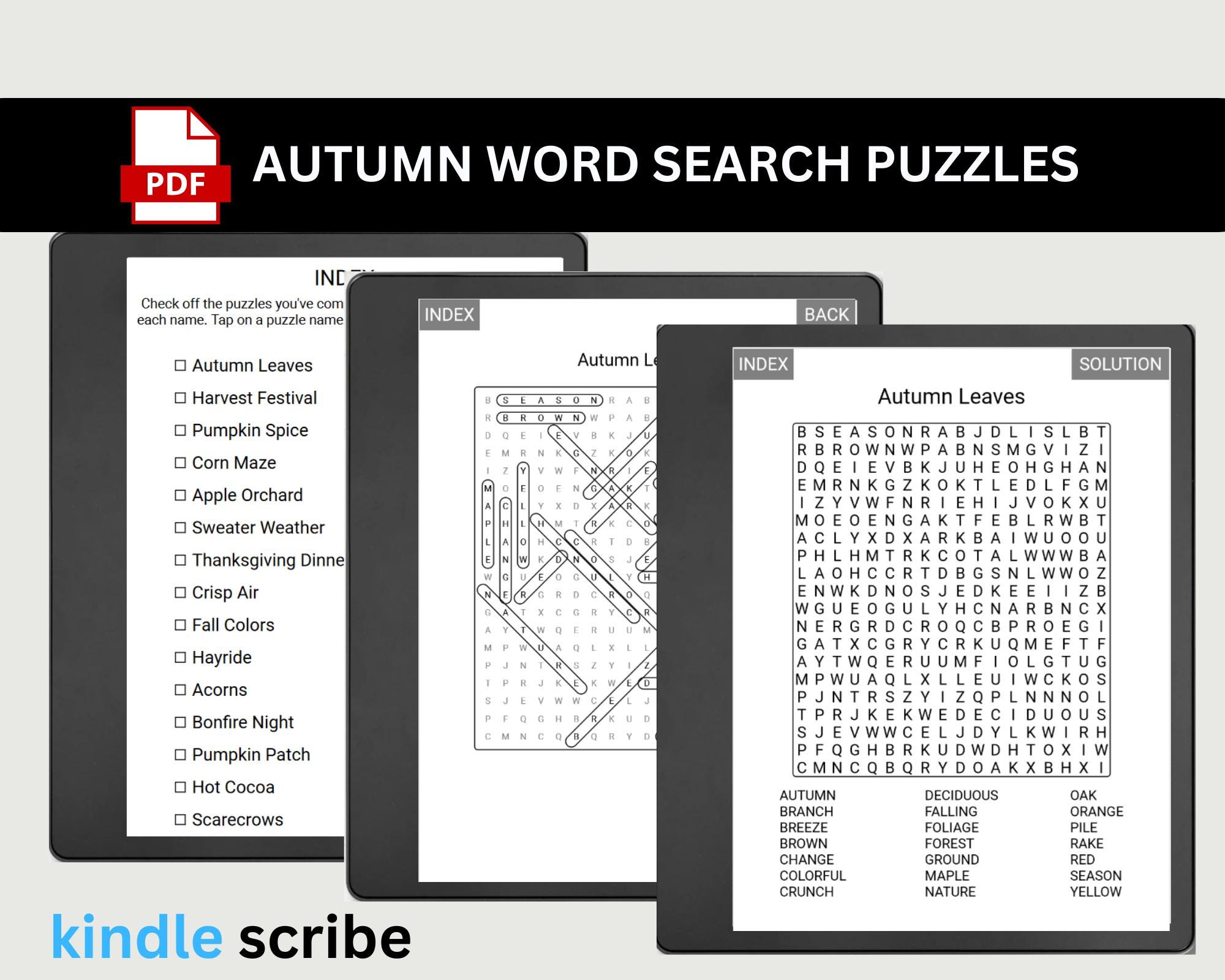 Autumn Themed Word Search Puzzle Book for Kindle Scribe, Fall Themed ...