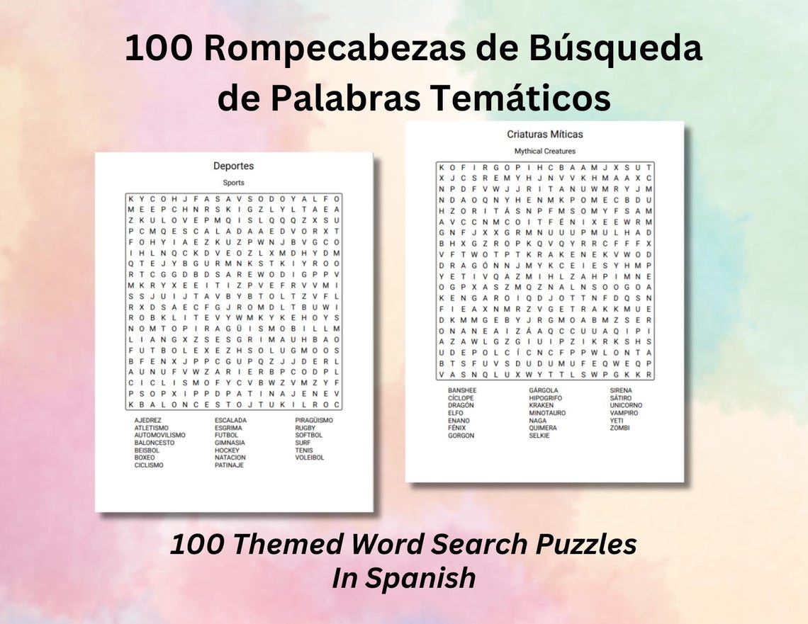 Word Search Puzzles, Spanish Word Search Puzzles, 100 Spanish Printable ...