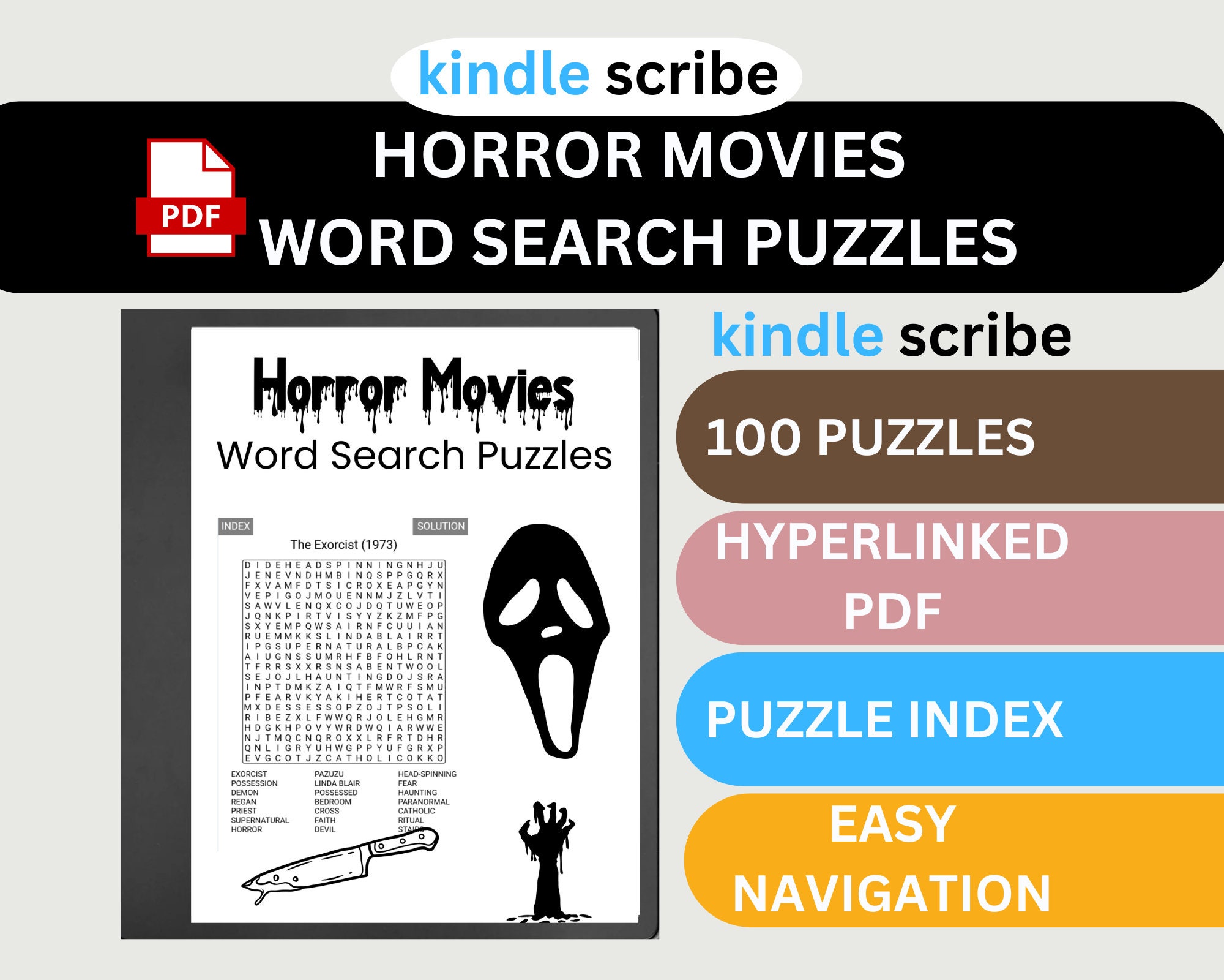 Horror Movie Word Search: 100 Scary Puzzles (PDF Download) - Etsy