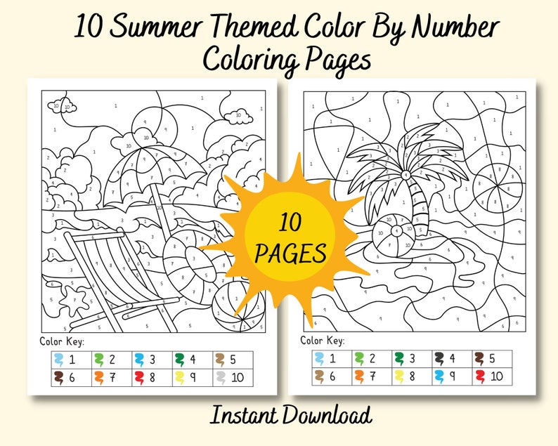 Summer Color by Number Pages: 10 Printable Coloring Pages (PDF) - Etsy