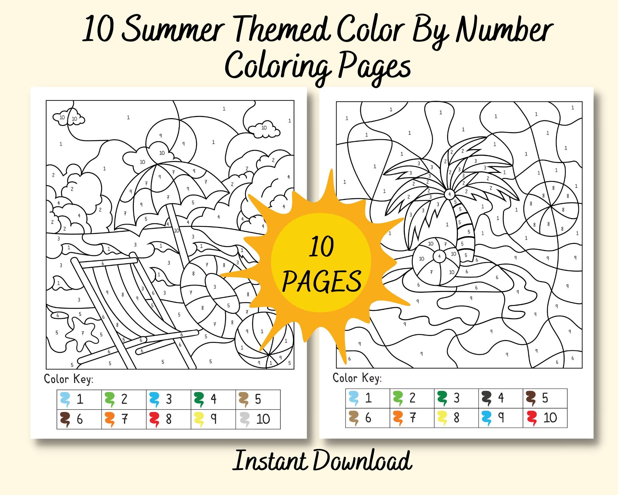 Summer Color by Number Pages: 10 Printable Coloring Pages (PDF) - Etsy
