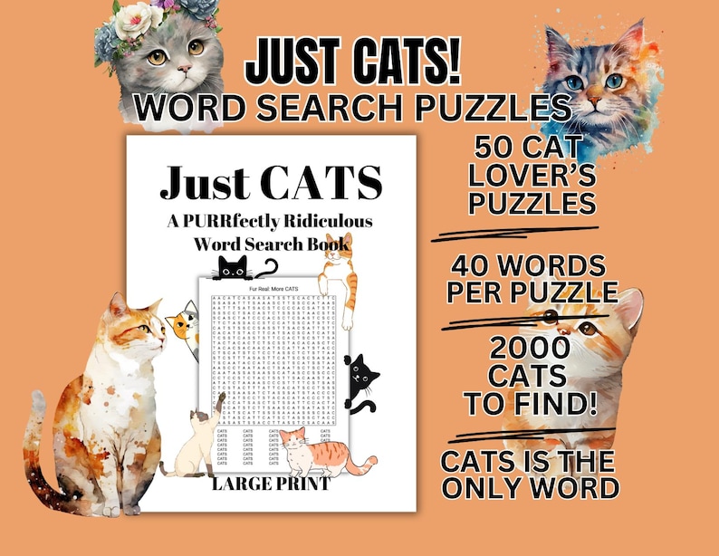 Cat Lover Word Search Puzzles: Printable Activity Book (PDF Download ...