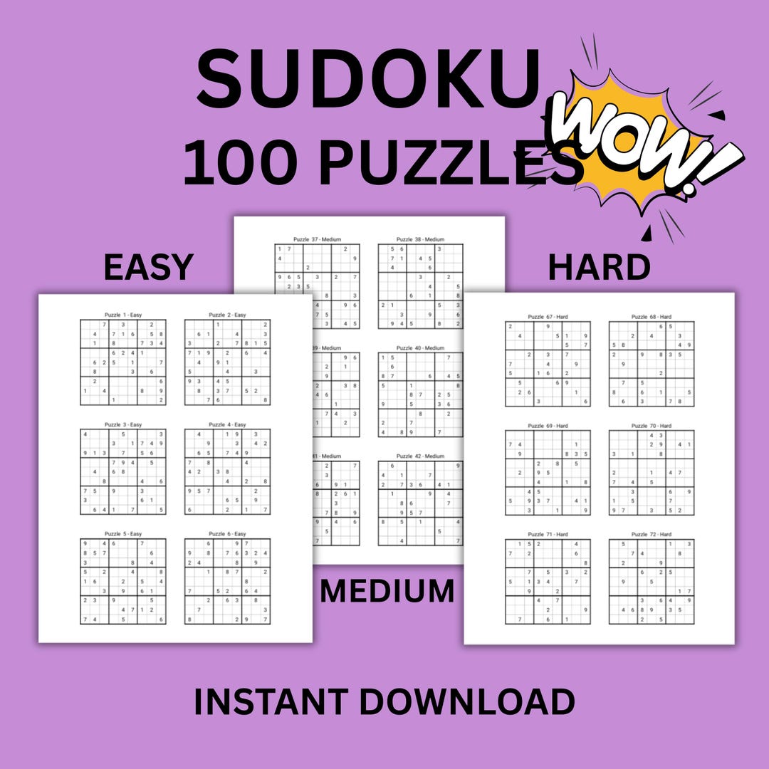 100 Sudoku Puzzles: Easy to Hard Brain Games (instant Download PDF) - Etsy