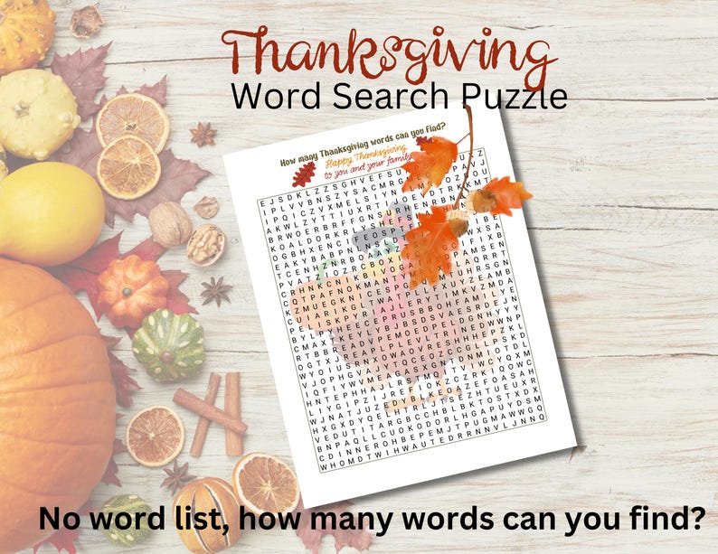 Thanksgiving Word Search Puzzle: Printable Activity (digital Download ...