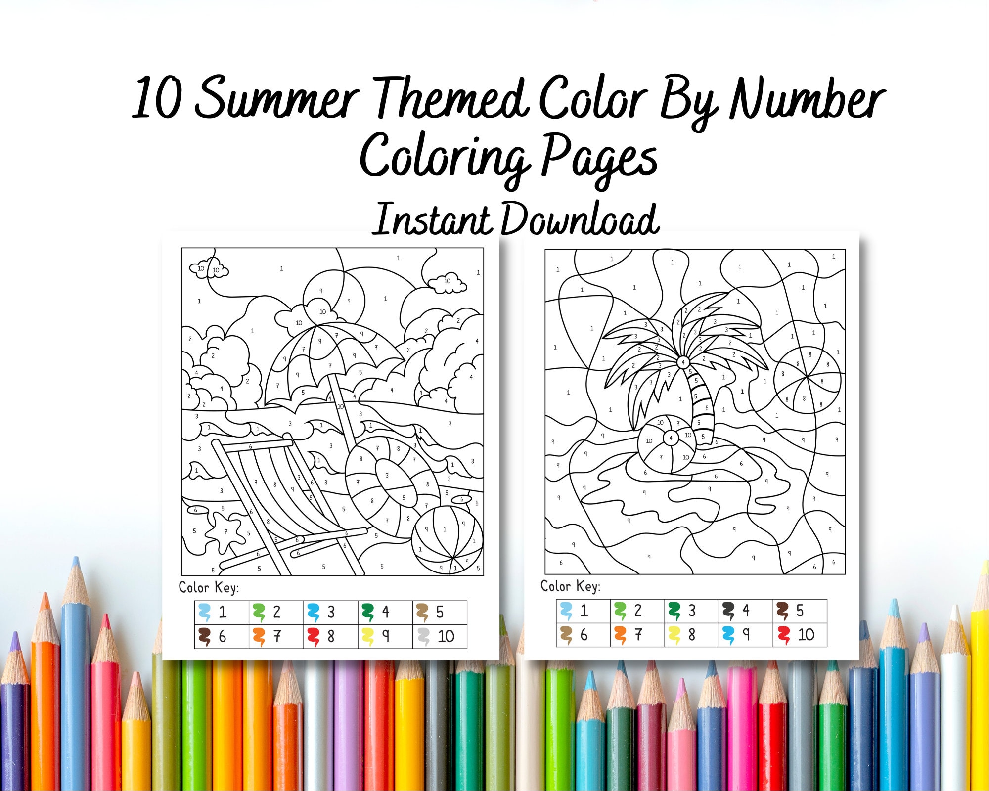 Summer Color by Number Pages: 10 Printable Coloring Pages (PDF) - Etsy