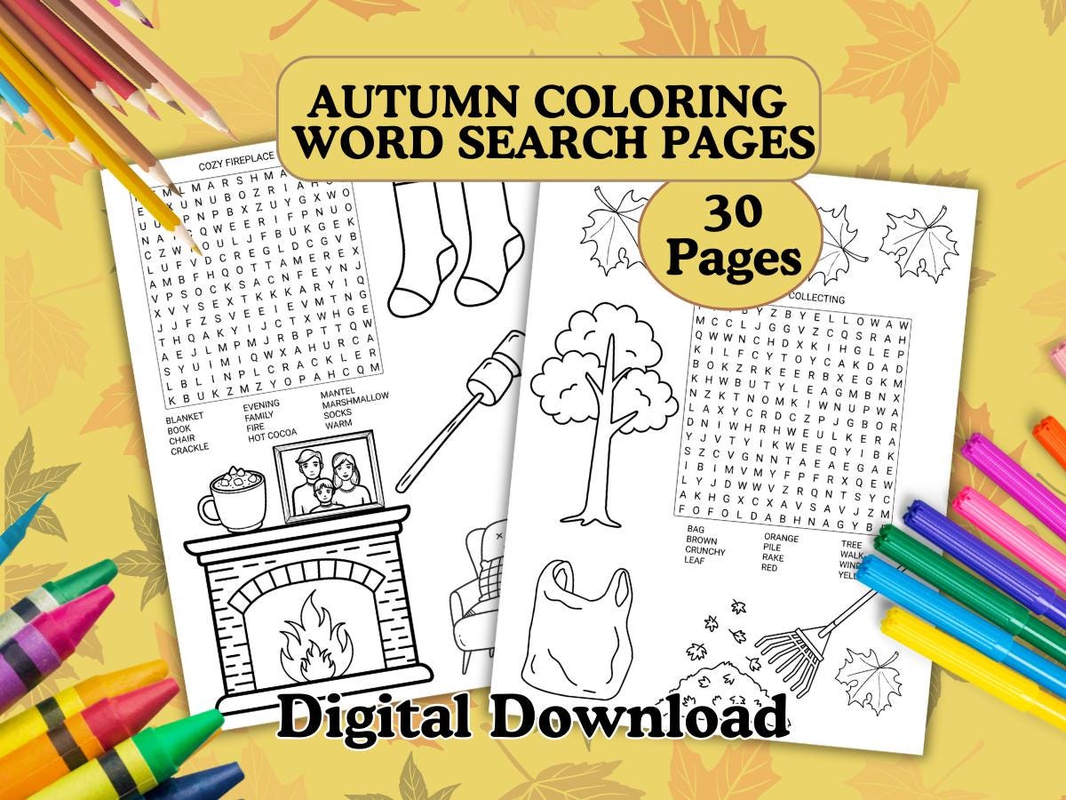 Autumn Word Search & Coloring Pages: 30 Fall Puzzle Pages for Kids ...