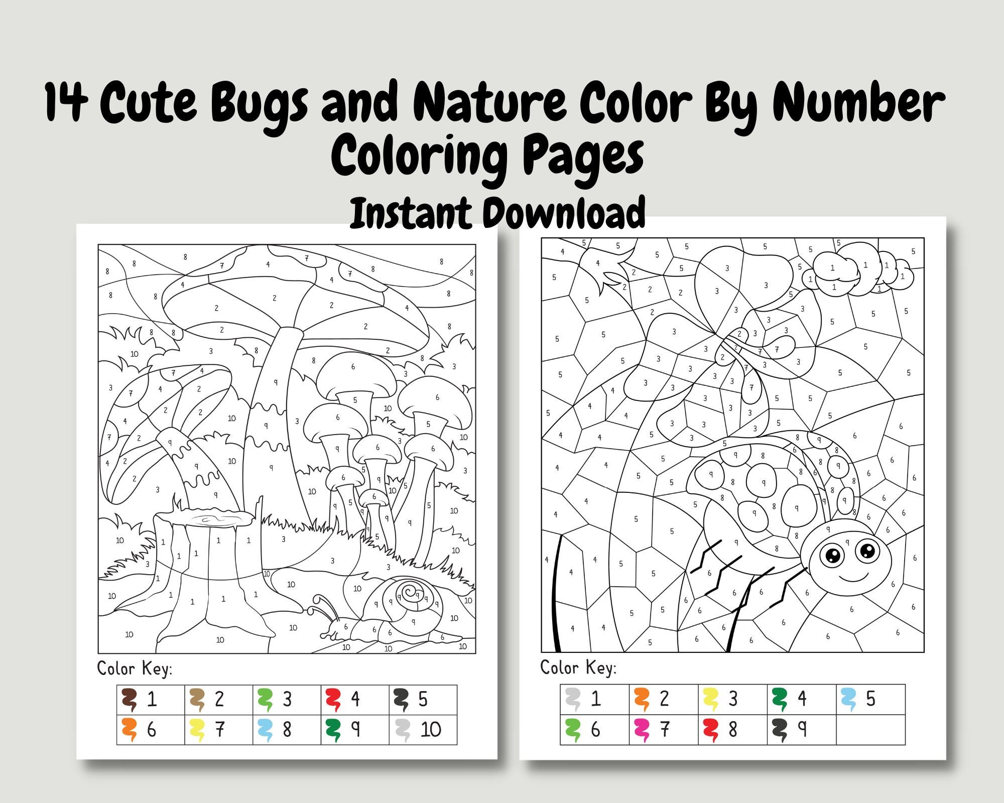 Cute Bugs and Nature Color by Number Coloring Pages, Instant Download ...