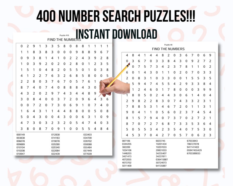 400 Printable Number Search Puzzle Pages for Adults, Large Print Easy ...