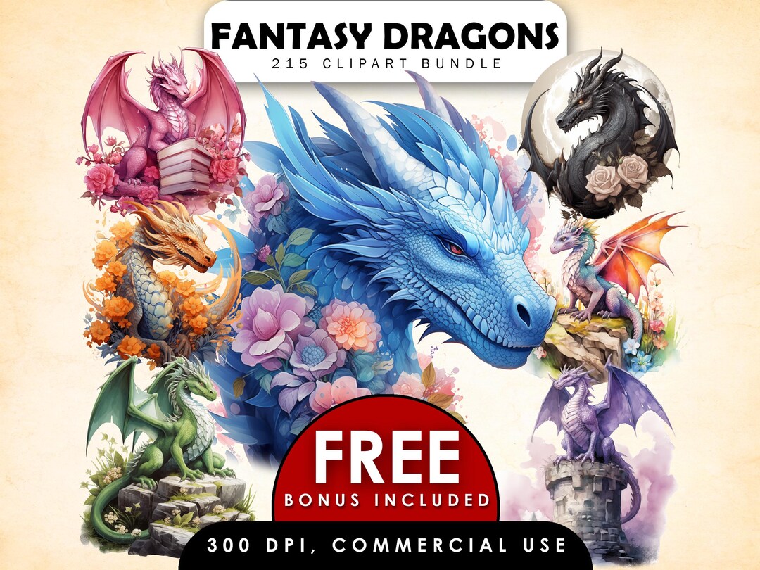Fantasy Dragons Clipart Bundle,watercolor Dragon,dragons Graphics ...