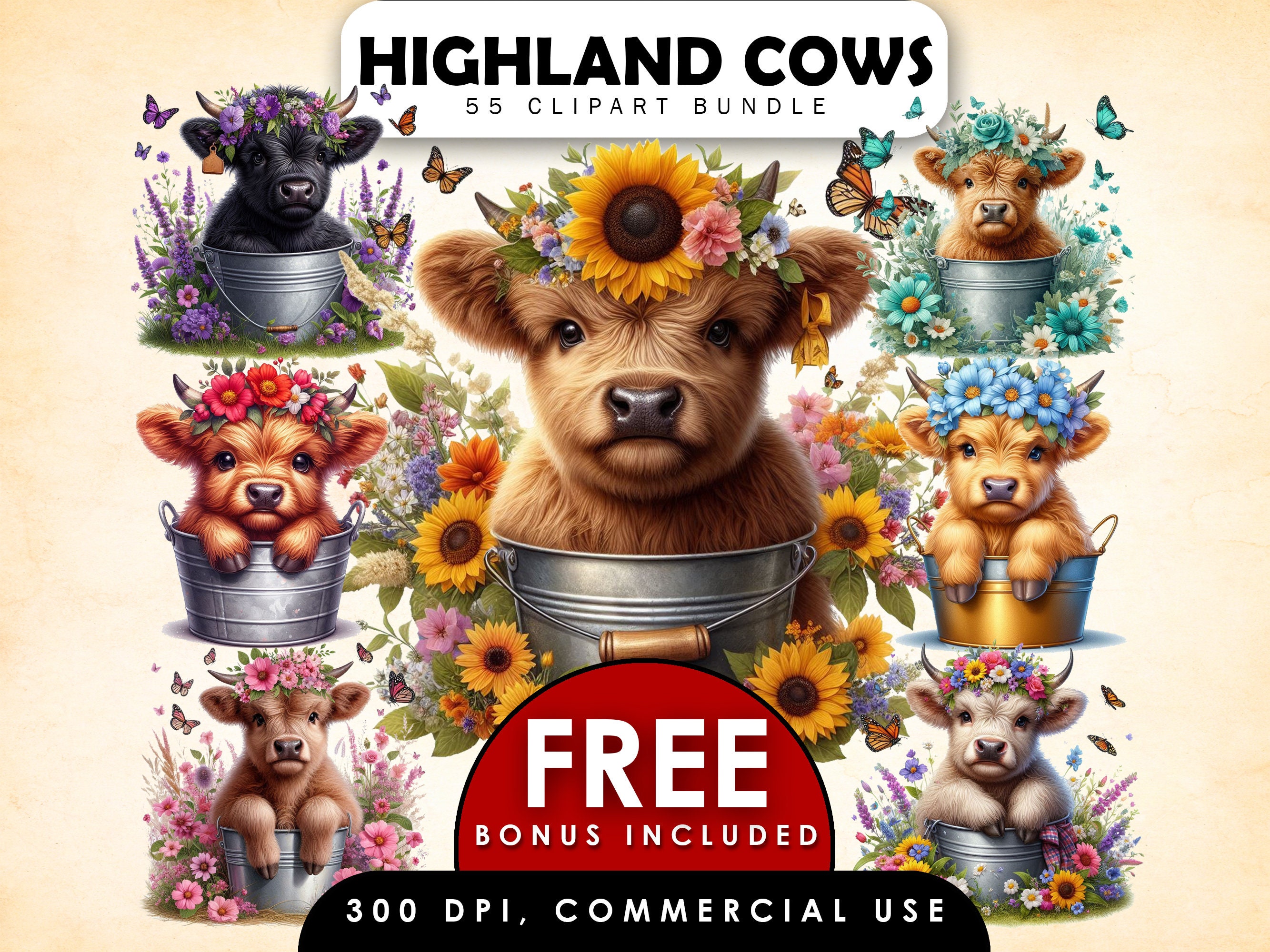 Highland Cow Clipart Bundle,sunflower Cow,floral Highland Cow,highland ...