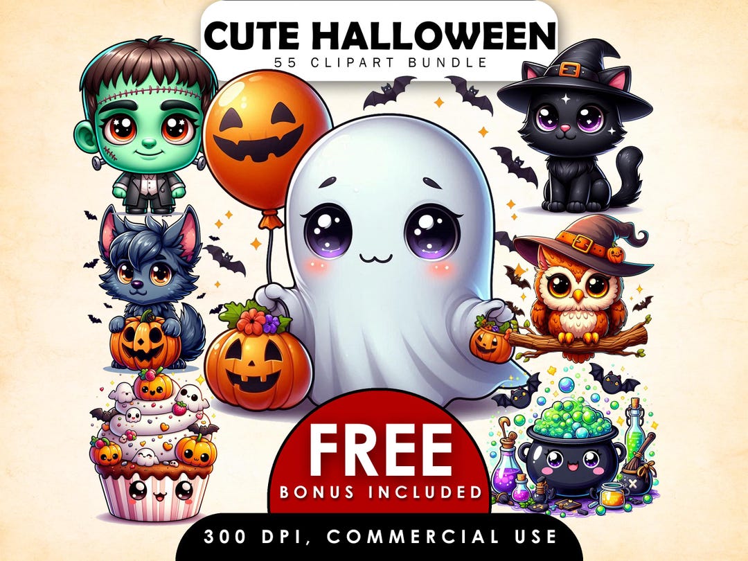 Cute Spooky Halloween Clipart Bundle,cartoon Ghost,cute Pumpkin Png ...