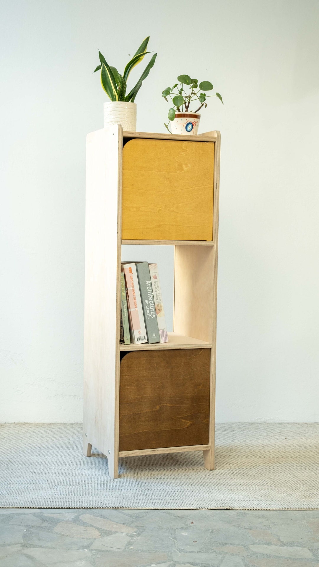 Wooden Narrow Bookcase With Double Doors, Mid-century Modern Bookcase ...