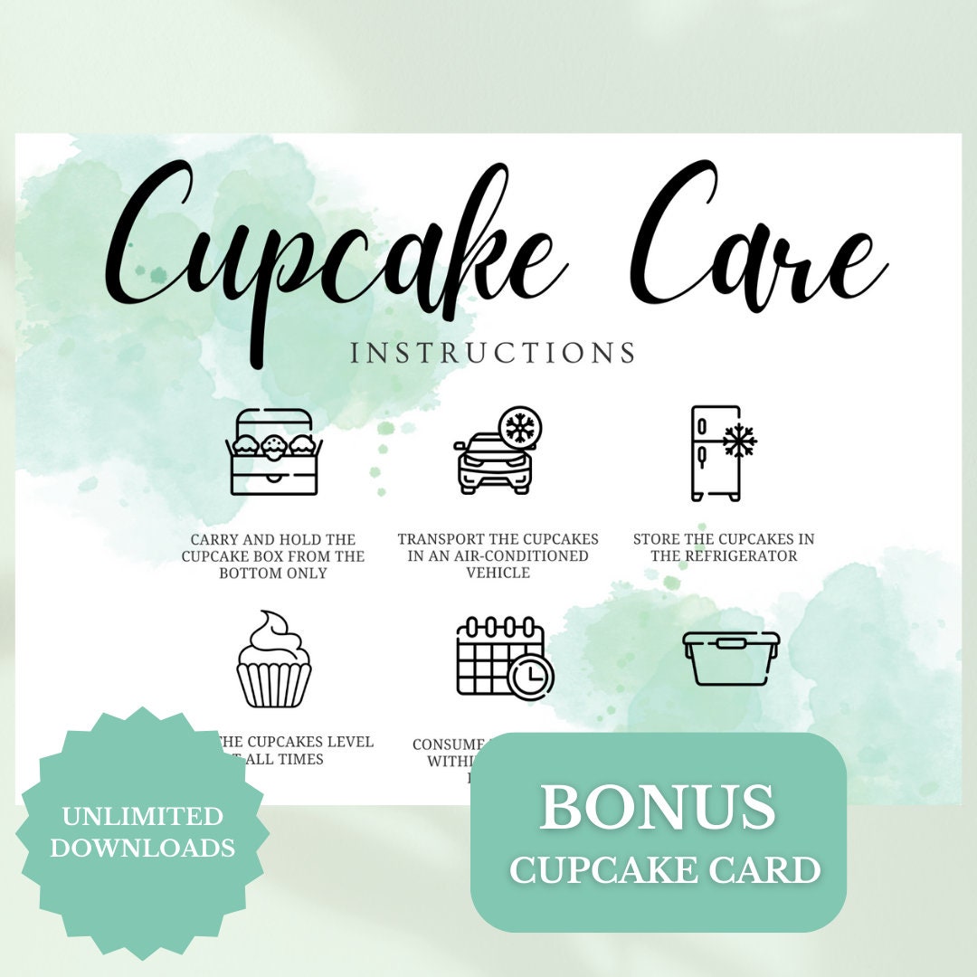 2in1 Pritable Cake Care Card With Cupcake Care Cards, Bakery Small ...