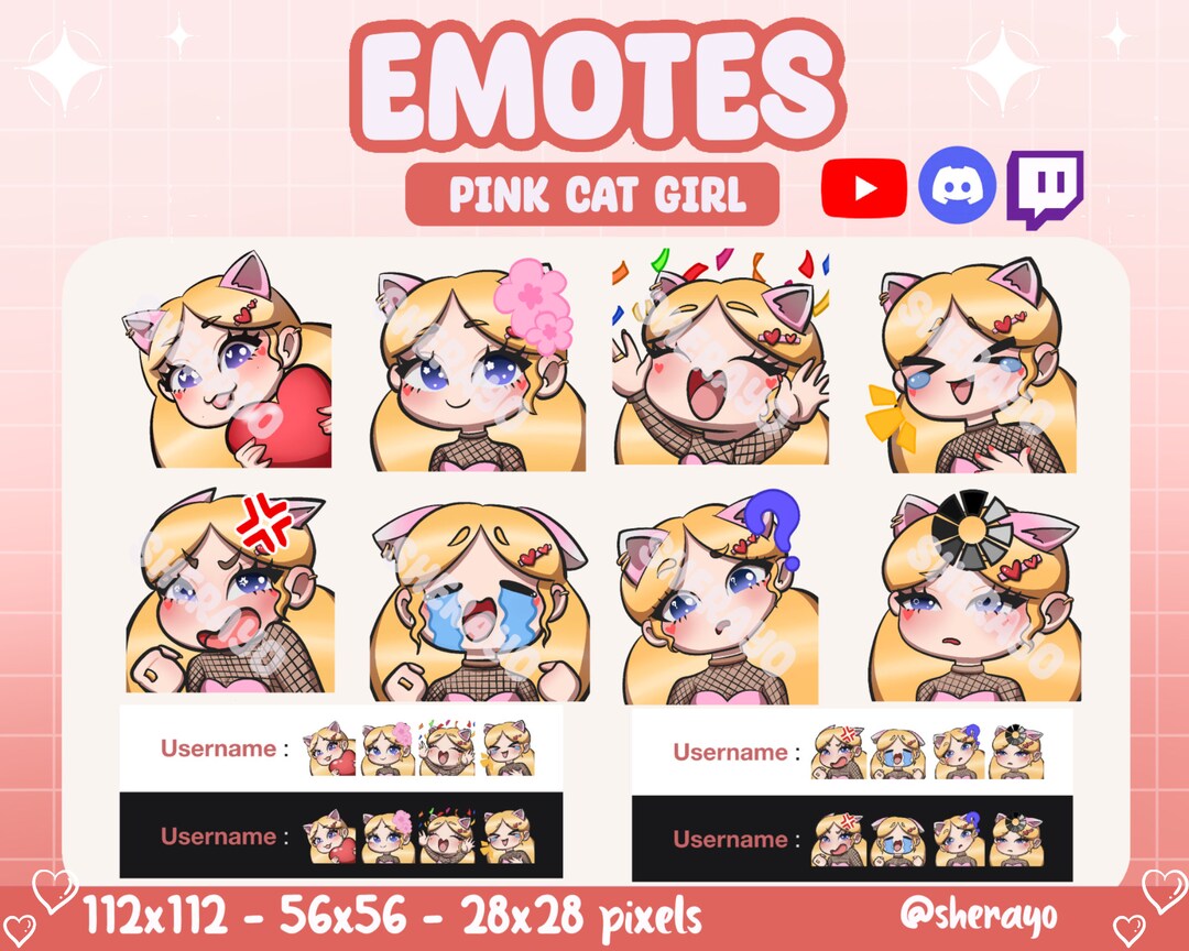 12 Cute Pink Cat Girl Emotes for Streaming Twitch, Discord, Youtube - Etsy