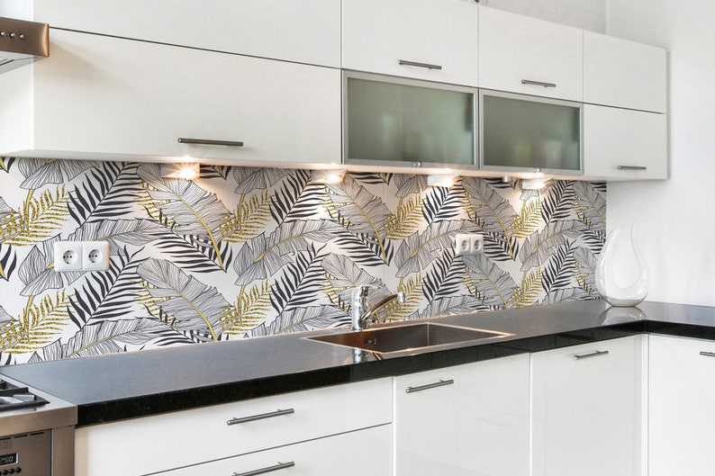 Gold Leaves Kitchen Tiles Sticker, Bathroom Wall Tiles Sticker, Self ...