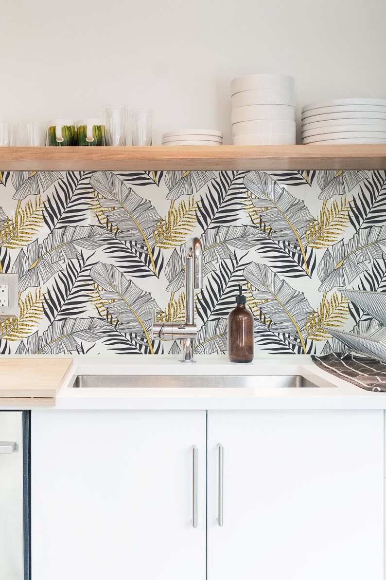 Gold Leaves Kitchen Tiles Sticker, Bathroom Wall Tiles Sticker, Self ...