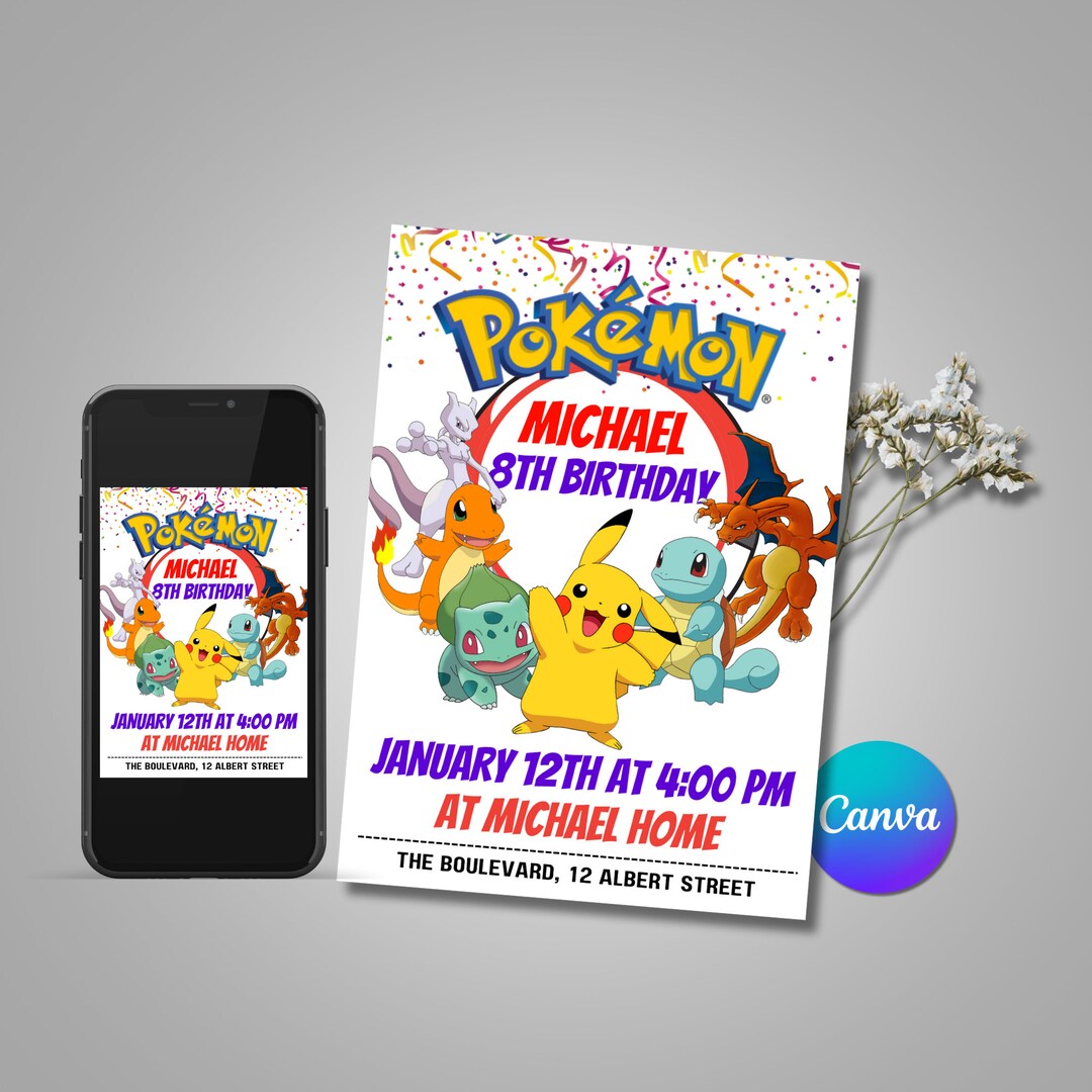 Editable Pokemone Birthday Invitation Digital, Pokemon Evite, Pokemon ...