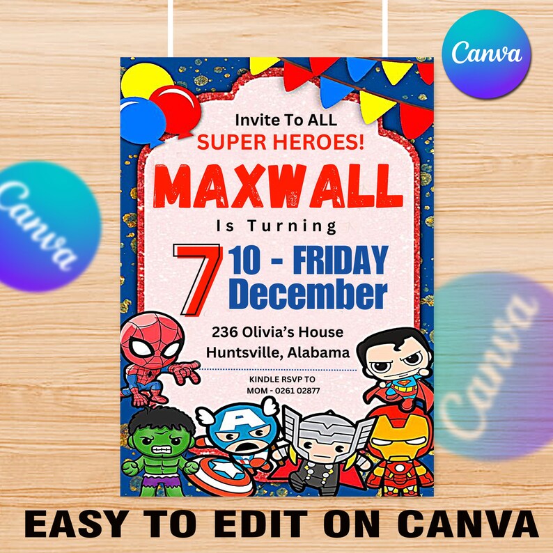 Editable Superheroes Birthday Invitation, Superhero Kid Evite, Kids ...
