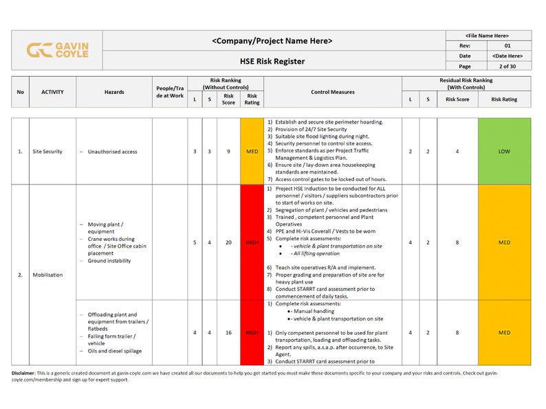 HSE Risk Register Microsoft Word Document - Etsy Australia
