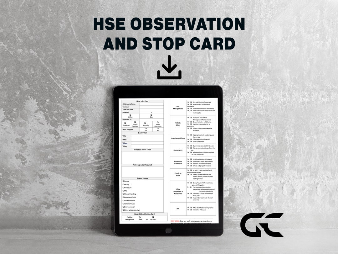 HSE Observation and STOP Card, Observation Notes, Work Overview, Safety ...