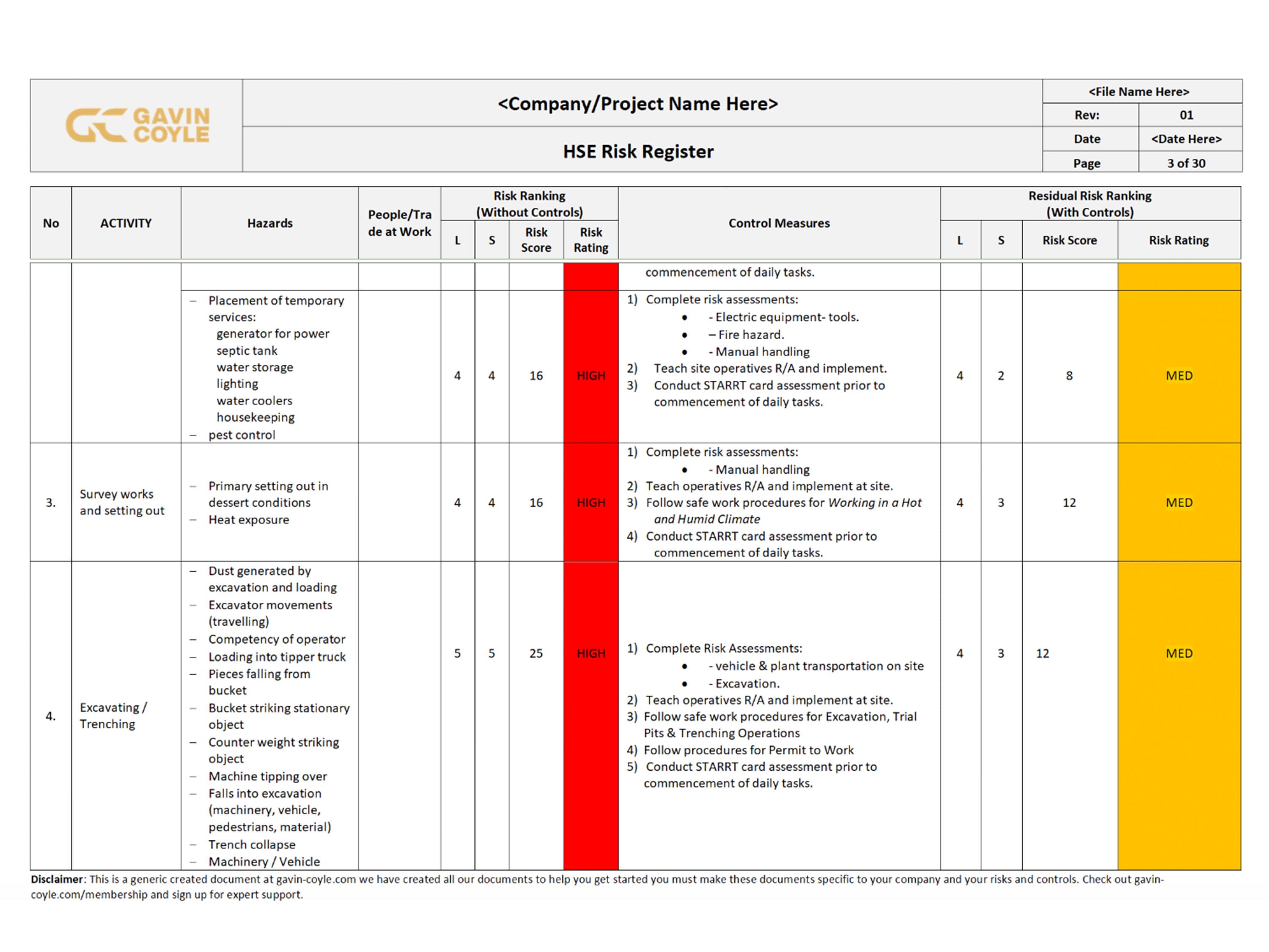 HSE Risk Register Microsoft Word Document, Risk Assessment Word ...