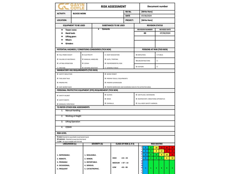 Block Works Risk Assessment Template | Word Safety Document for Masonry ...