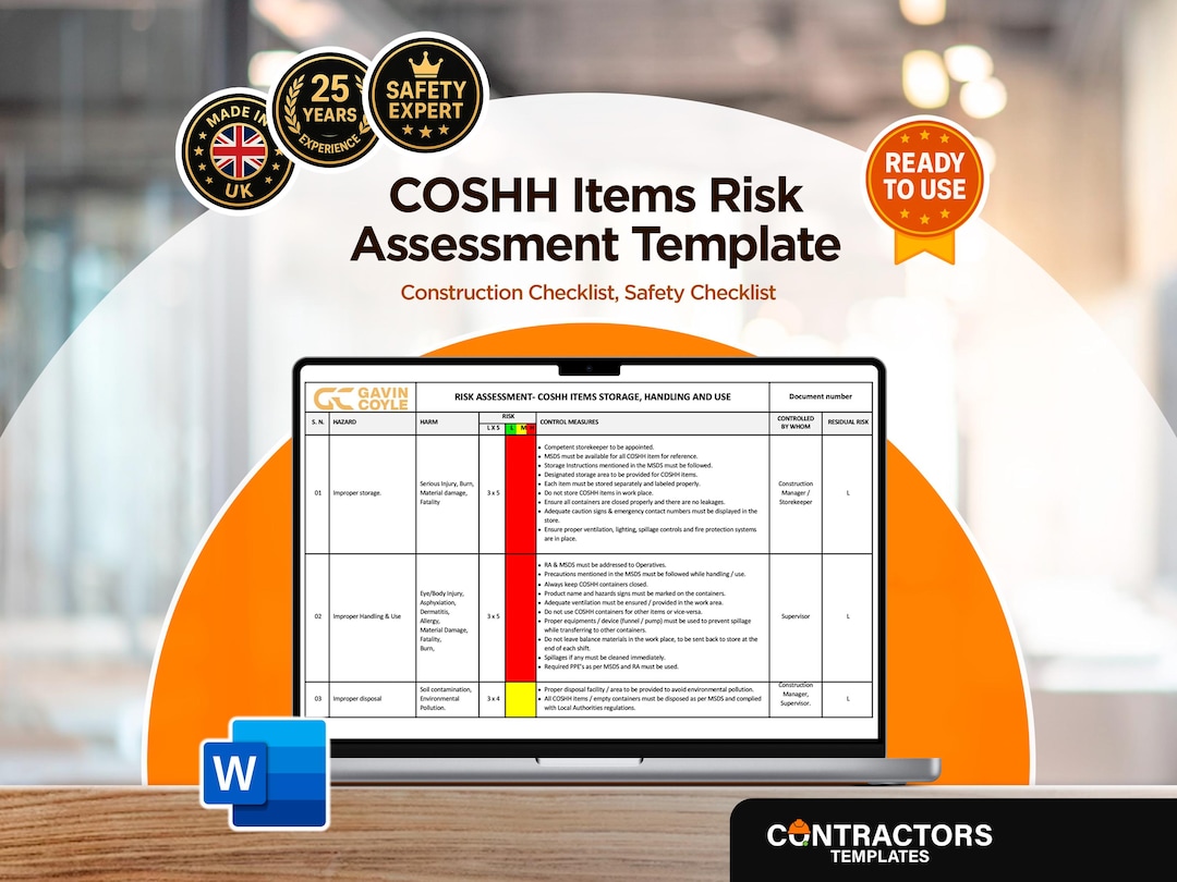 COSHH Items Risk Assessment Template | Construction & Workplace Hazard ...
