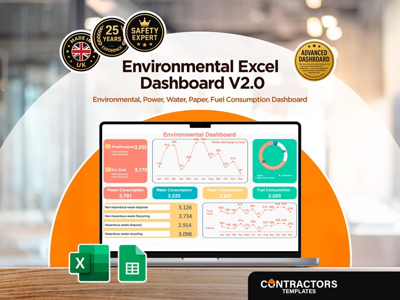 Environmental Excel Dashboard V2.0, Environmental, Power, Water, Paper ...