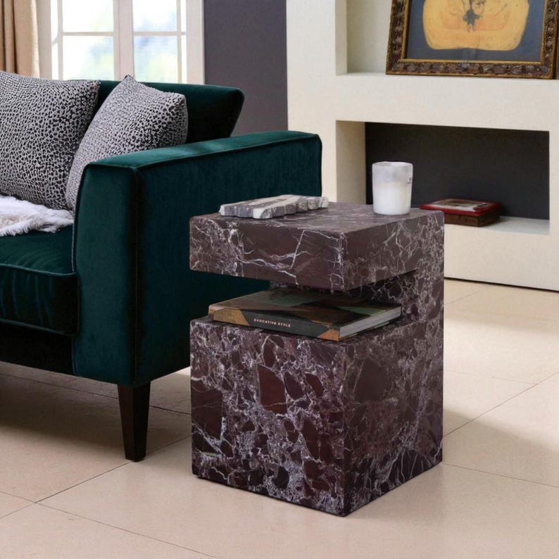 Rosso Levanto Marble Side Table | Modern Nightstand | Handmade Stone ...