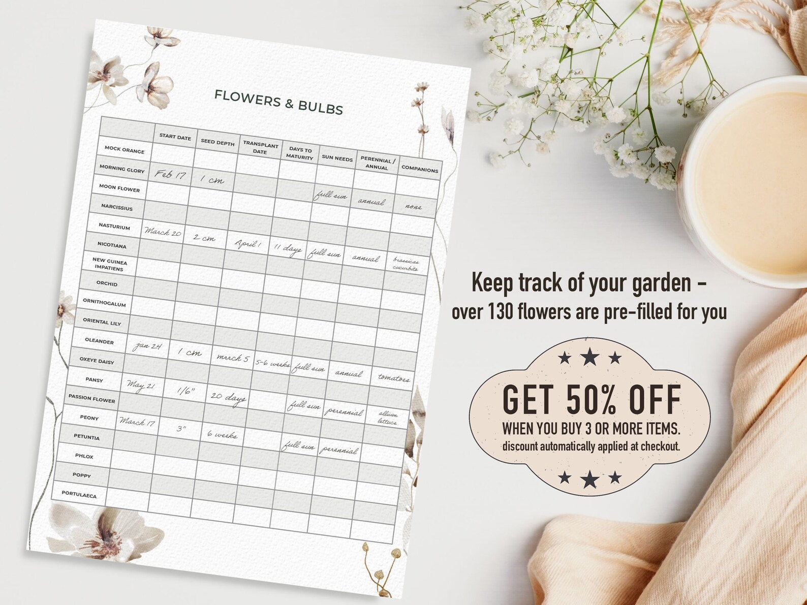 Flower Garden Seeding Chart Printable Gardening Planner Seed Starting ...