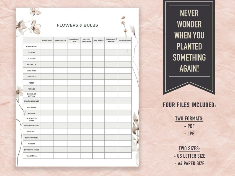 Flower Garden Seeding Chart Printable Gardening Planner Seed Starting ...