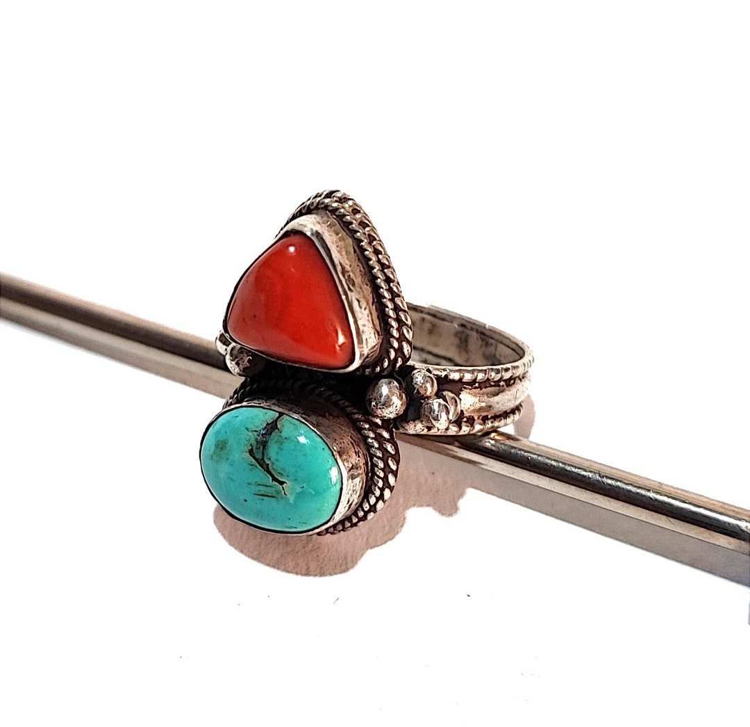 Nepalese Ring in Silver, With Coral and Turquoise - Etsy