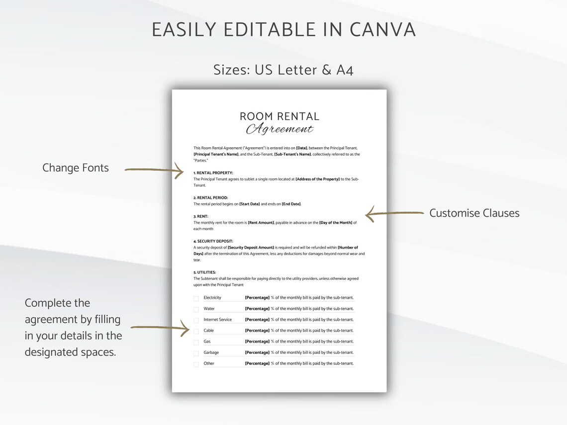 Room Rental Agreement, Roommate Room Rental Contract, Room Rental ...