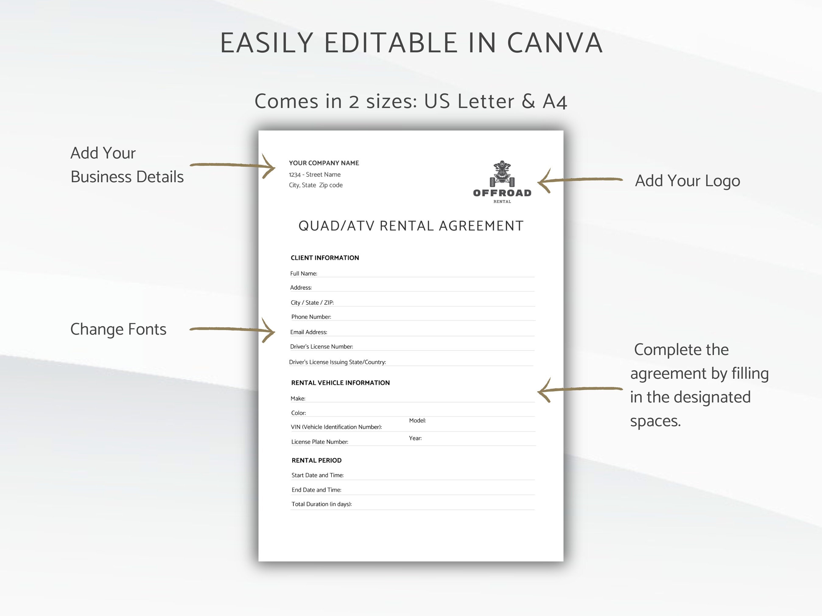 Quad Rental Agreement, ATV Rental Contract, Off-road Vehicle Rent ...