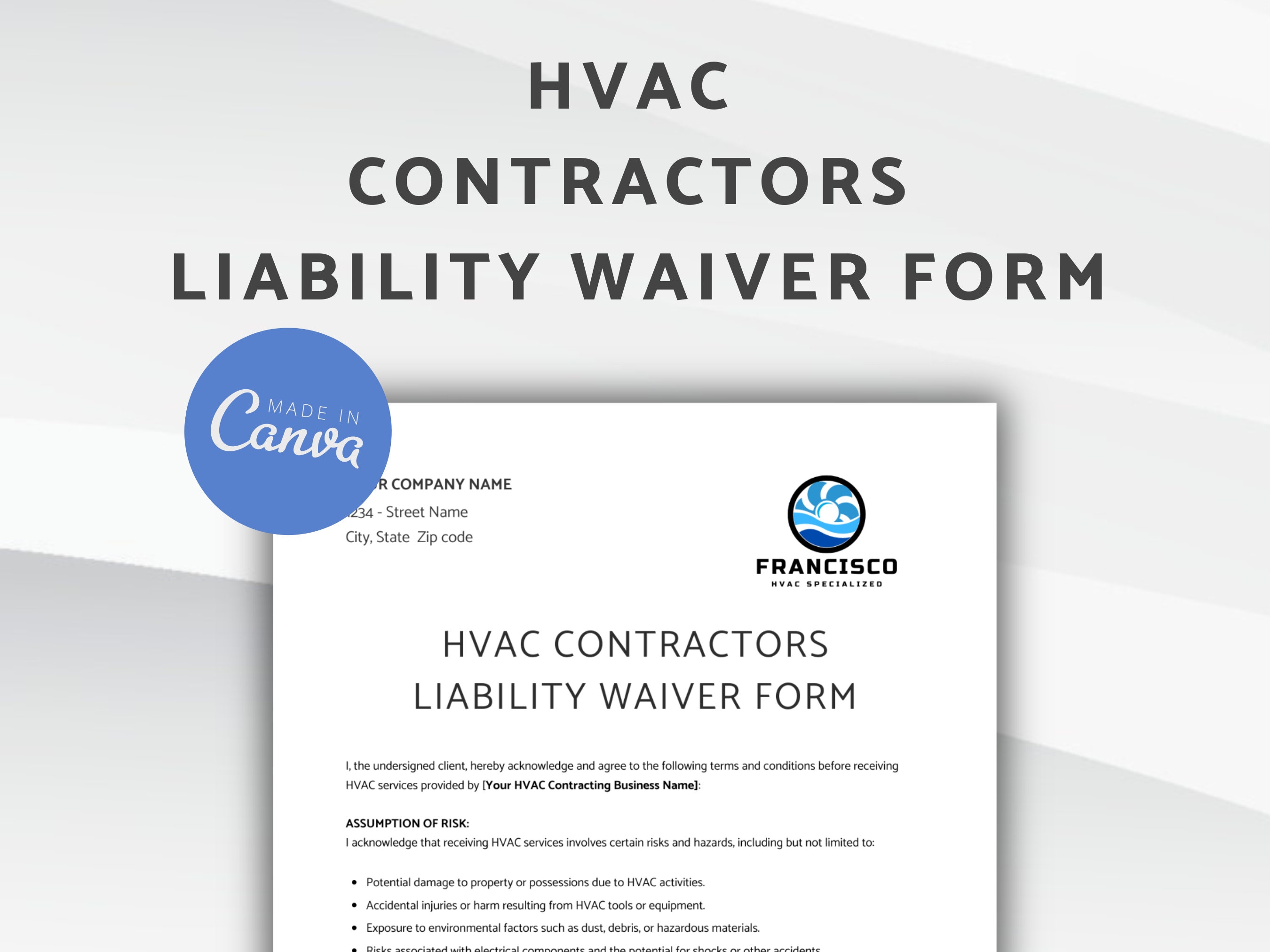 HVAC Contractor Liability Waiver Form: Editable Template (A4, US Letter ...