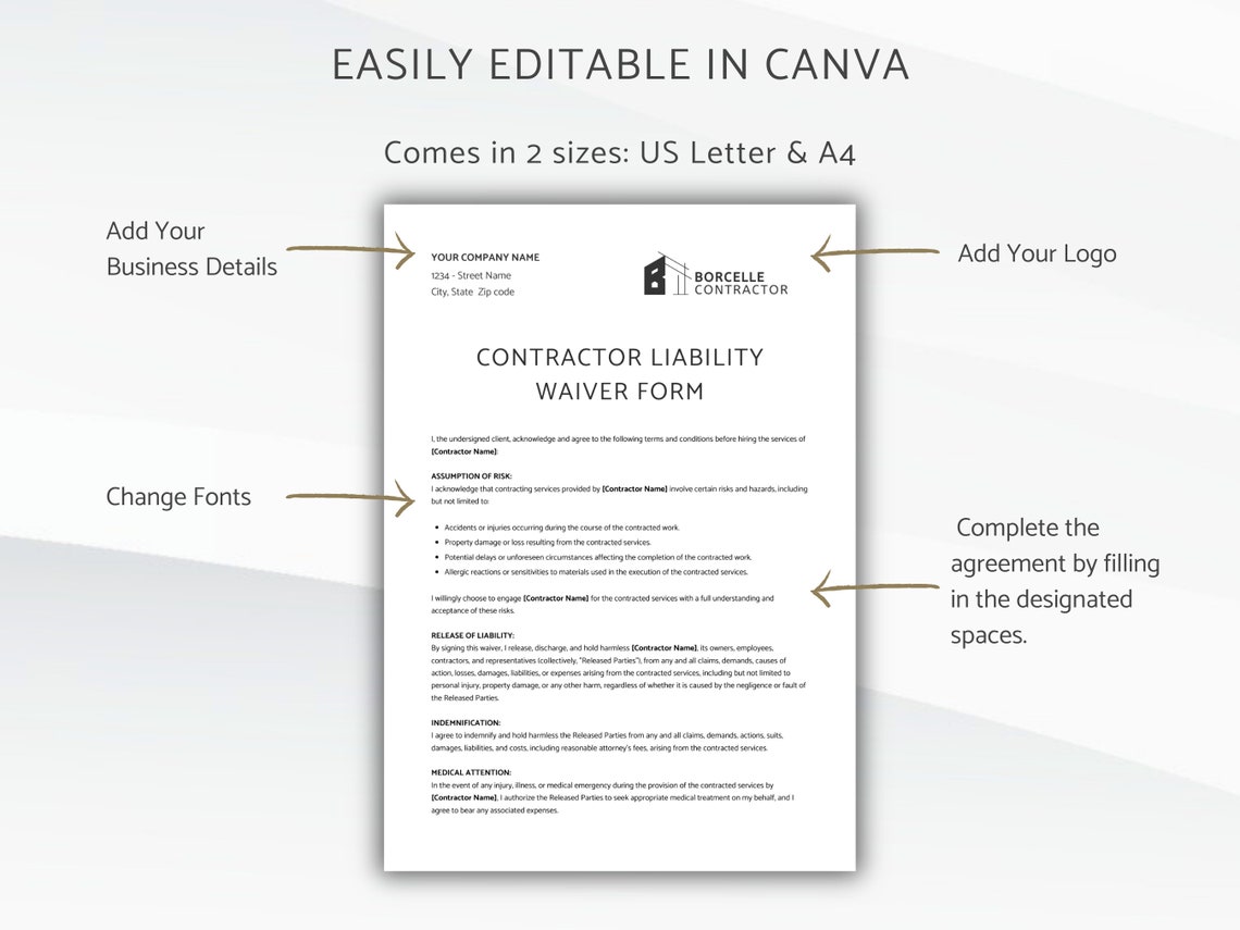Contractor Liability Waiver Template: Editable Agreement Form (A4/US ...