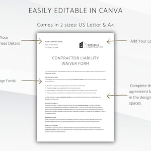 Contractor Liability Waiver Template: Editable Agreement Form (A4/US ...