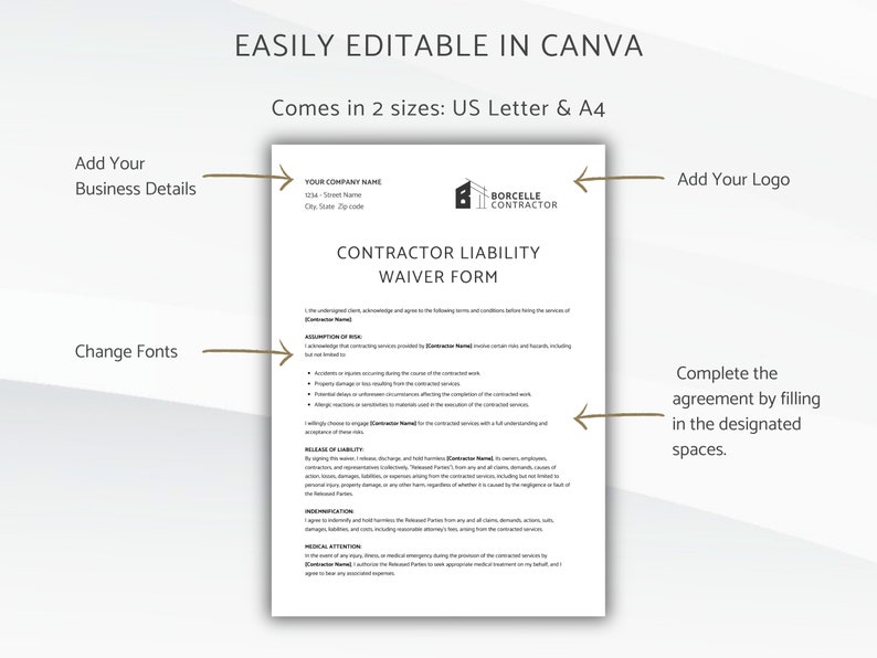 Contractor Liability Waiver Template: Editable Agreement Form (A4/US ...