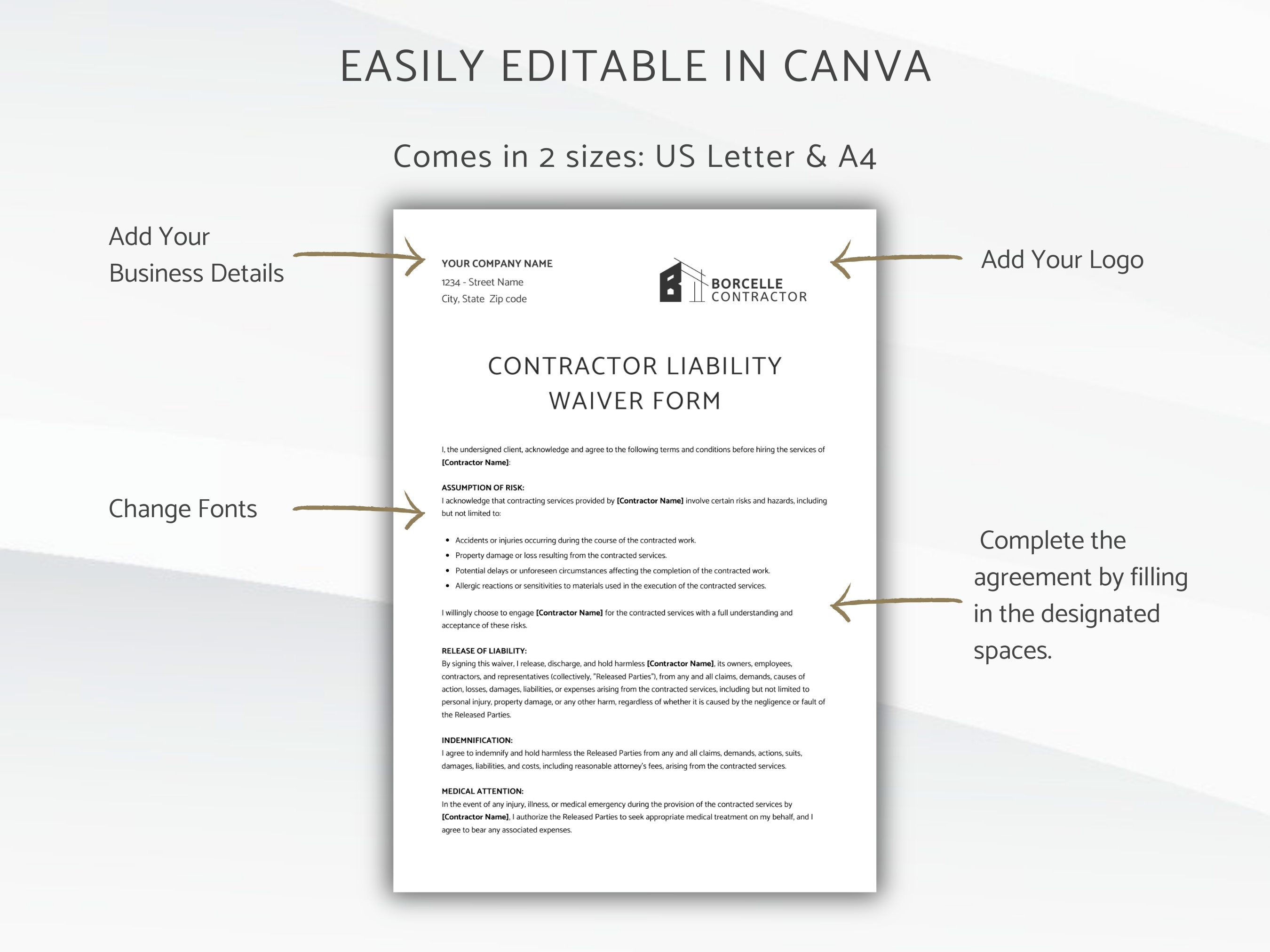 Contractor Liability Waiver Template: Editable Agreement Form (A4/US ...