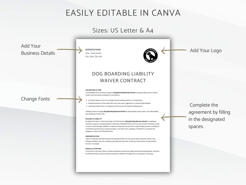 Dog Boarding Liability Waiver Contract, Release of Liability Agreement ...