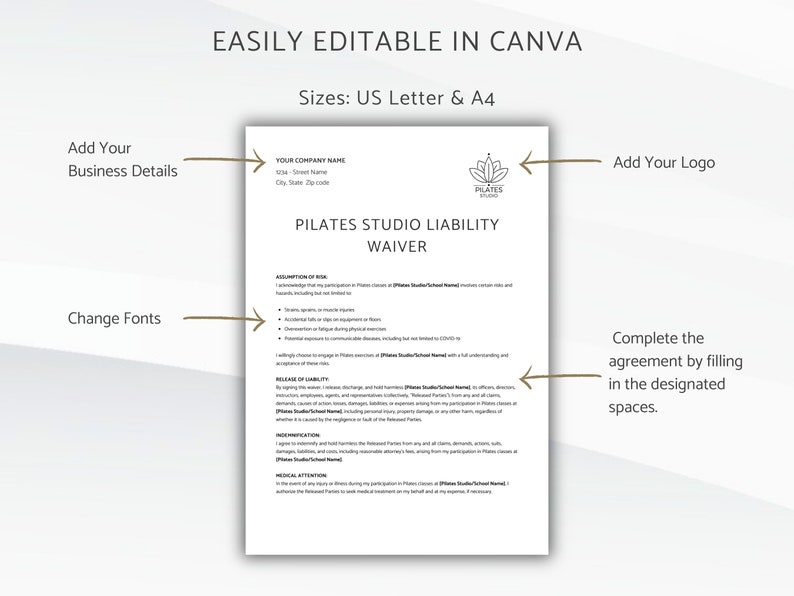 Pilates Liability Waiver Contract: Editable Template (A4/US Letter ...