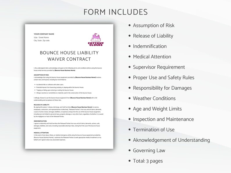 Bounce House Rental Liability Waiver Template (A4/US Letter) (digital ...