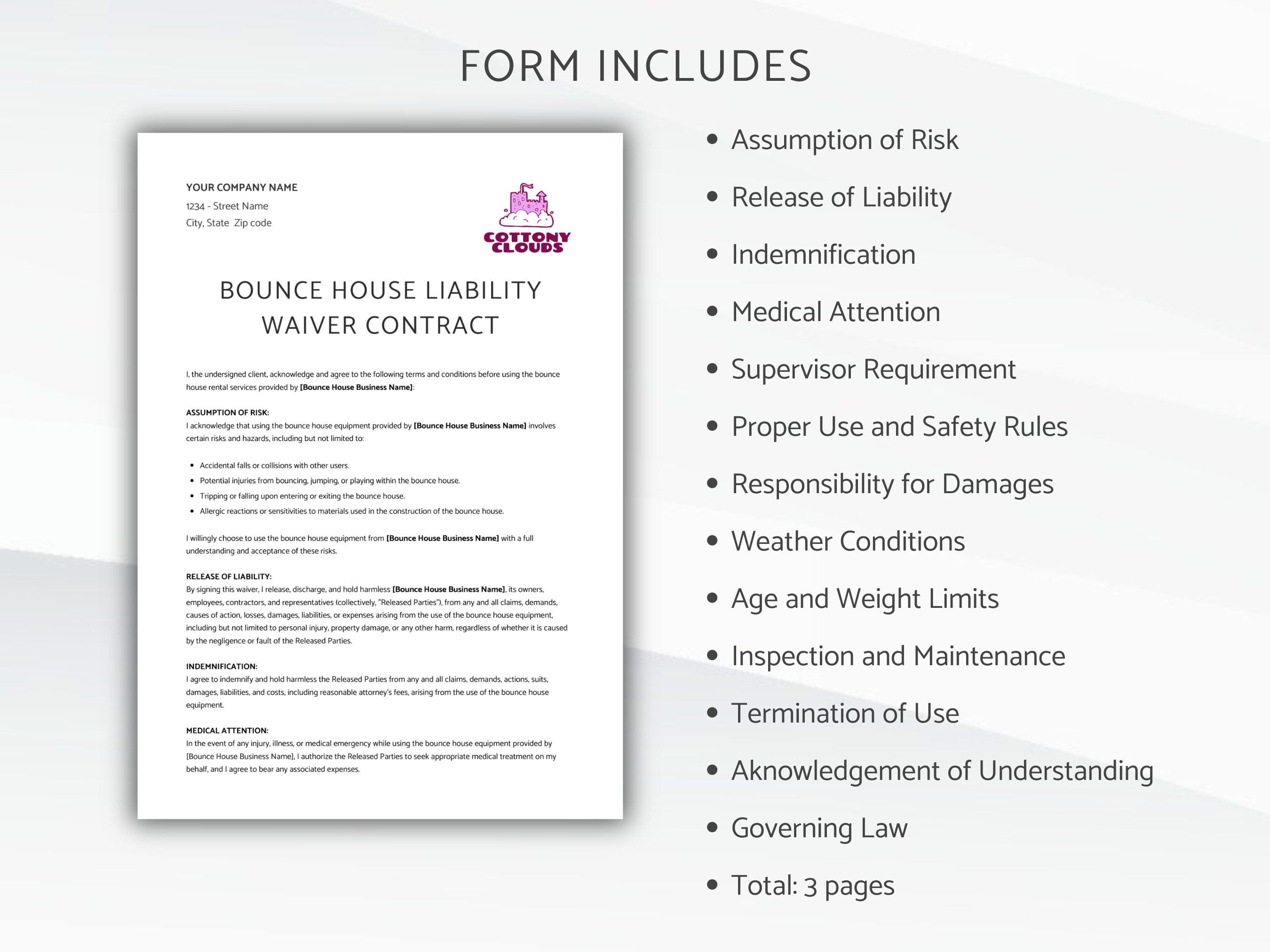 Bounce House Rental Liability Waiver Template (A4/US Letter) (digital ...