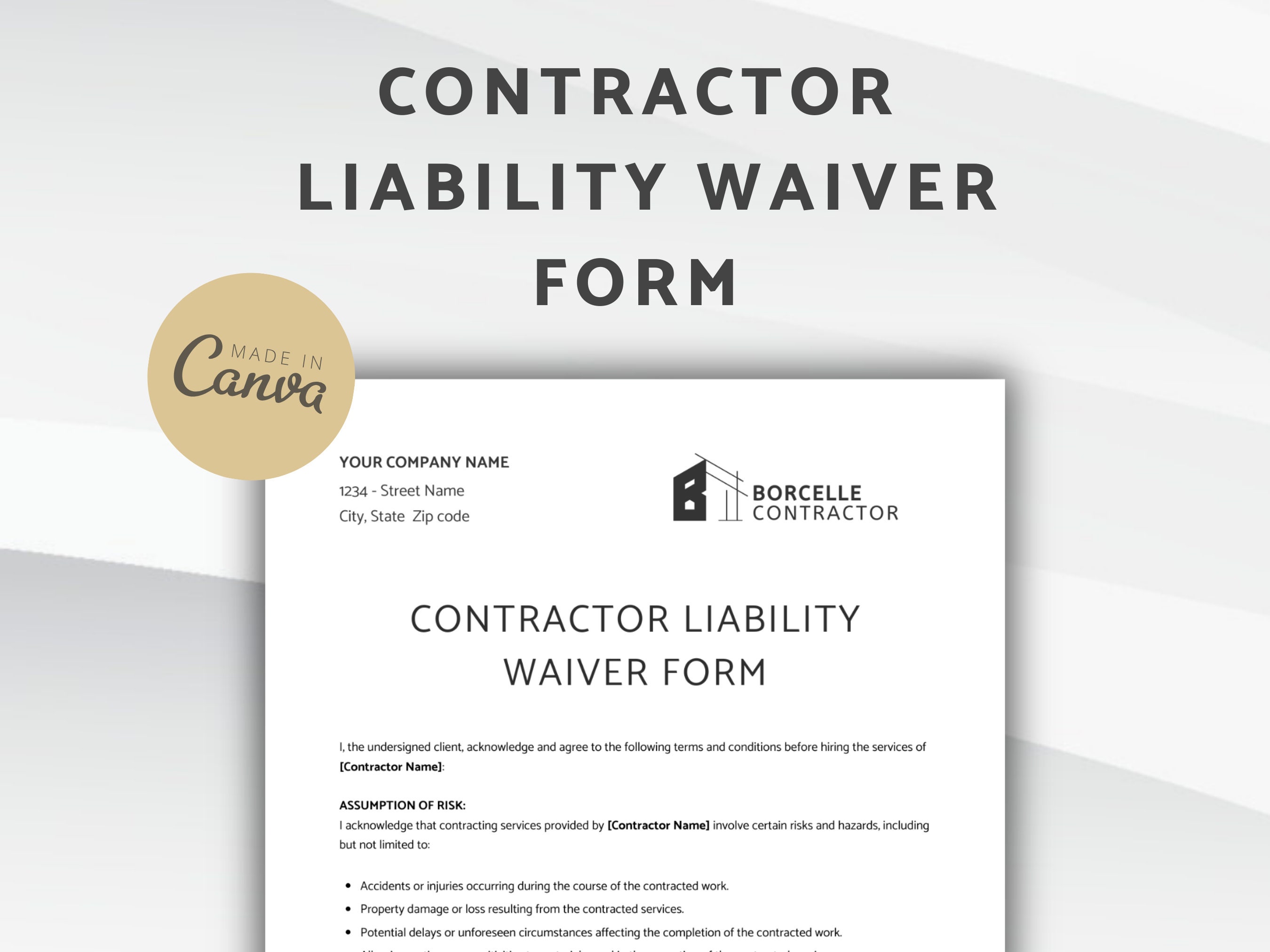 Contractor Liability Waiver Template: Editable Agreement Form (A4/US ...
