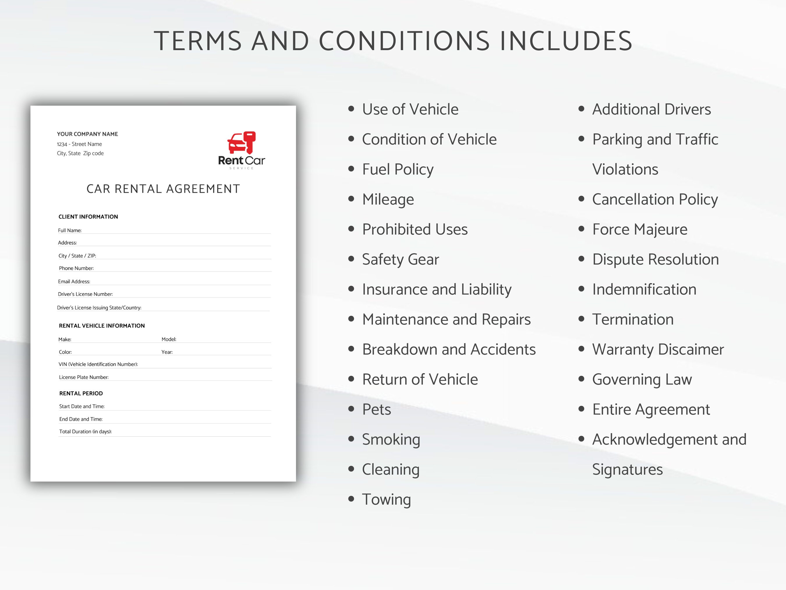 Car Rental Agreement, Vehicle Rental Contract, Automobile Rent Template ...