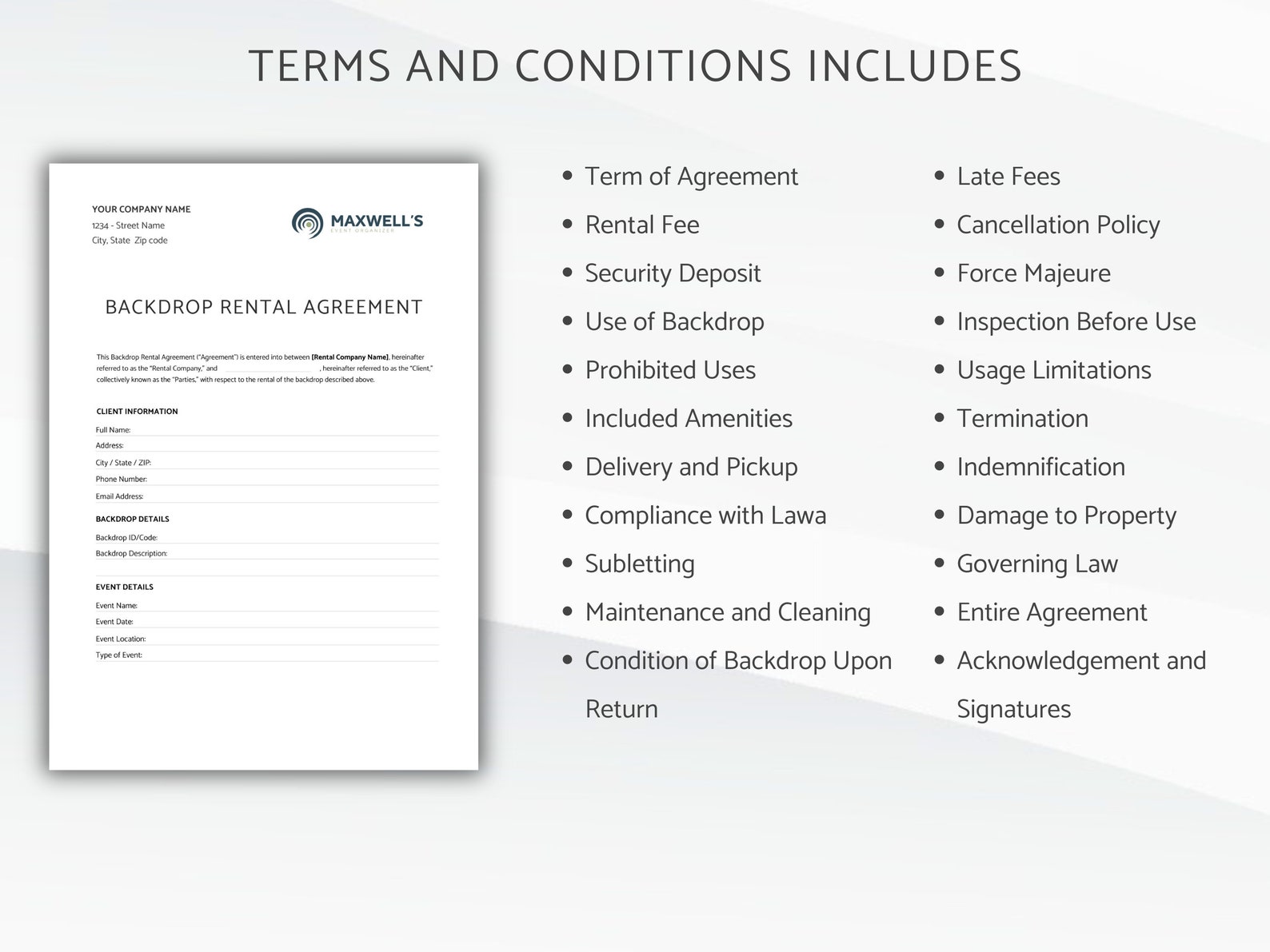 Backdrop Rental Agreement, Photo Backdrop Rental Contract, Party ...