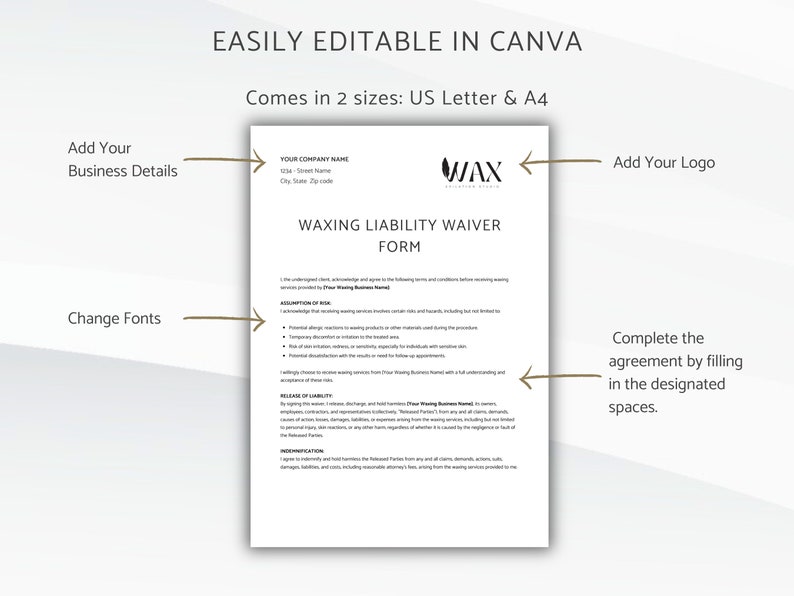 Waxing Liability Waiver Form, Release of Liability Agreement, Editable ...