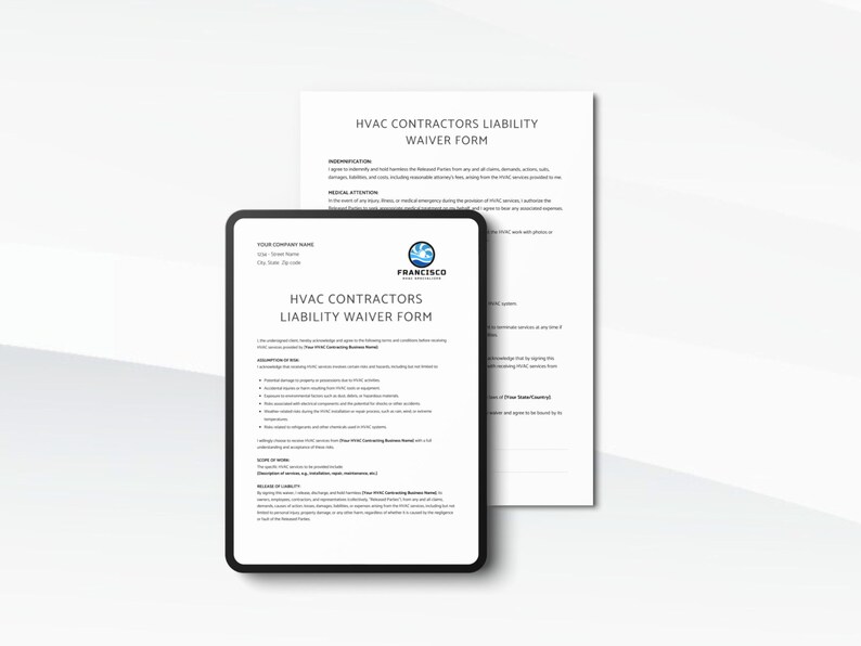 HVAC Contractor Liability Waiver Form: Editable Template (A4, US Letter ...